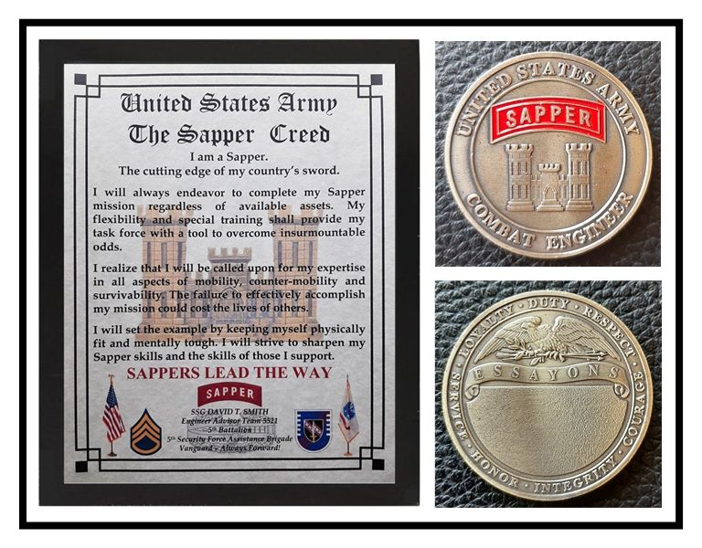 NICE US Army Sapper Creed Framed PERSONALIZED and Sapper Coin (ENGRAVING Available)
